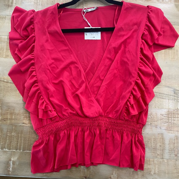 Zara | Tops | Zara Hot Pink Ruffle Blouse Crop Top Sexy Shirt | Poshmark